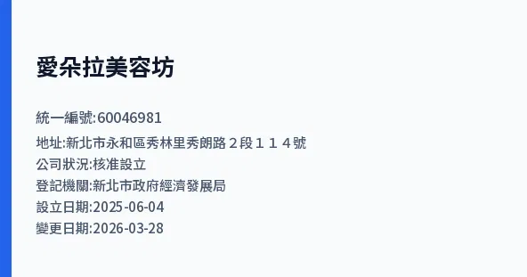 愛朵拉美容坊的照片-統編 60046981(新北市) 公司登記資料與營業項目詳細圖表