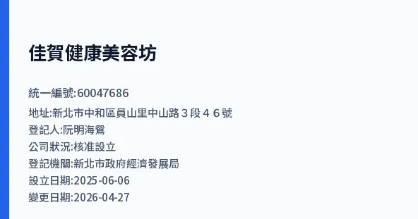 佳賀健康美容坊的照片-統編 60047686(新北市) 公司登記資料與營業項目詳細圖表