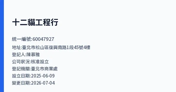 十二貓工程行的照片-統編 60047927(臺北市) 公司登記資料與營業項目詳細圖表
