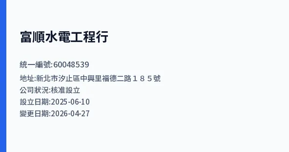 富順水電工程行的照片-統編 60048539(新北市) 公司登記資料與營業項目詳細圖表