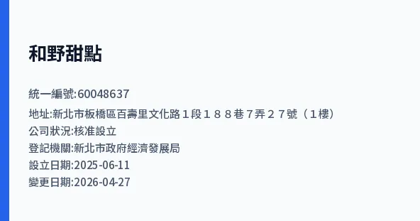 和野甜點的照片-統編 60048637(新北市) 公司登記資料與營業項目詳細圖表