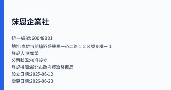 莯恩企業社的照片-統編 60048881(新北市) 公司登記資料與營業項目詳細圖表