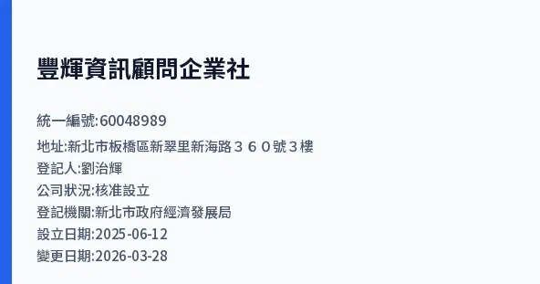 豐輝資訊顧問企業社的照片-統編 60048989(新北市) 公司登記資料與營業項目詳細圖表