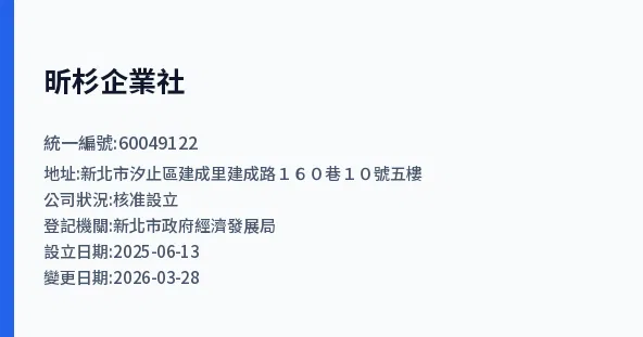 昕杉企業社的照片-統編 60049122(新北市) 公司登記資料與營業項目詳細圖表
