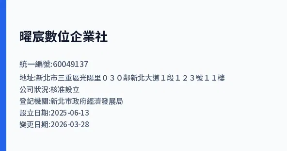 曜宸數位企業社的照片-統編 60049137(新北市) 公司登記資料與營業項目詳細圖表
