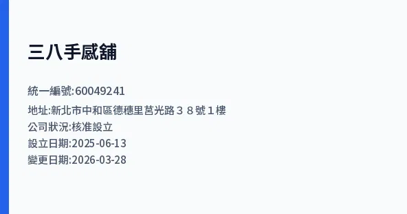 三八手感舖的照片-統編 60049241(新北市) 公司登記資料與營業項目詳細圖表