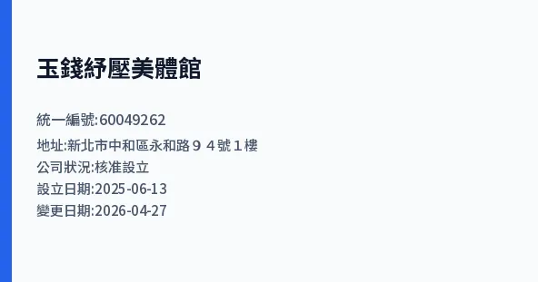 玉錢紓壓美體館的照片-統編 60049262(新北市) 公司登記資料與營業項目詳細圖表
