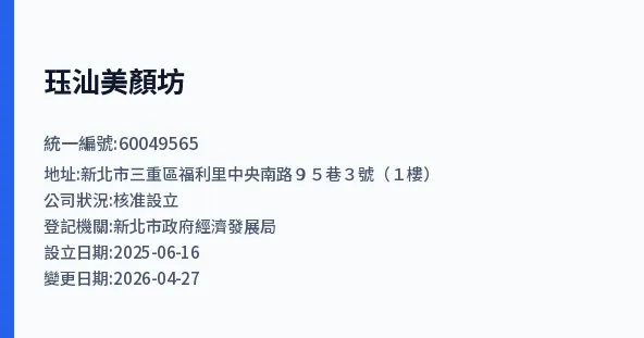 珏汕美顏坊的照片-統編 60049565(新北市) 公司登記資料與營業項目詳細圖表
