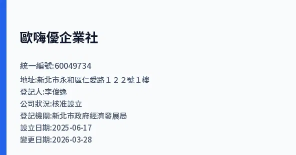 歐嗨優企業社的照片-統編 60049734(新北市) 公司登記資料與營業項目詳細圖表