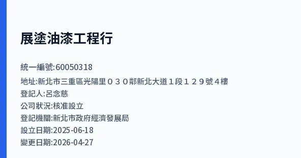 展塗油漆工程行的照片-統編 60050318(新北市) 公司登記資料與營業項目詳細圖表