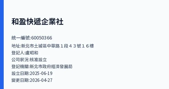 和盈快遞企業社的照片-統編 60050366(新北市) 公司登記資料與營業項目詳細圖表
