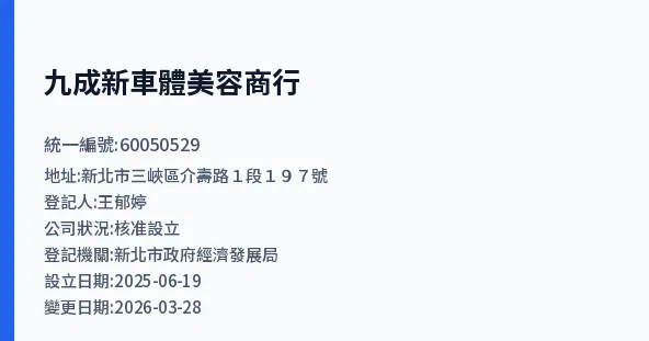 九成新車體美容商行的照片-統編 60050529(新北市) 公司登記資料與營業項目詳細圖表