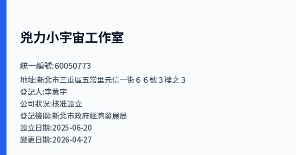 兇力小宇宙工作室的照片-統編 60050773(新北市) 公司登記資料與營業項目詳細圖表