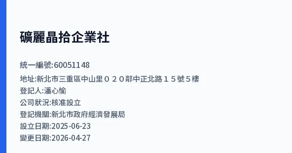 礦麗晶拾企業社的照片-統編 60051148(新北市) 公司登記資料與營業項目詳細圖表