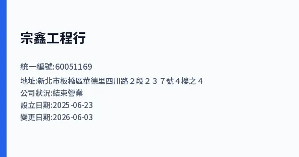 宗鑫工程行的照片-統編 60051169(新北市) 公司登記資料與營業項目詳細圖表