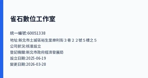 雀石數位工作室的照片-統編 60051338(新北市) 公司登記資料與營業項目詳細圖表