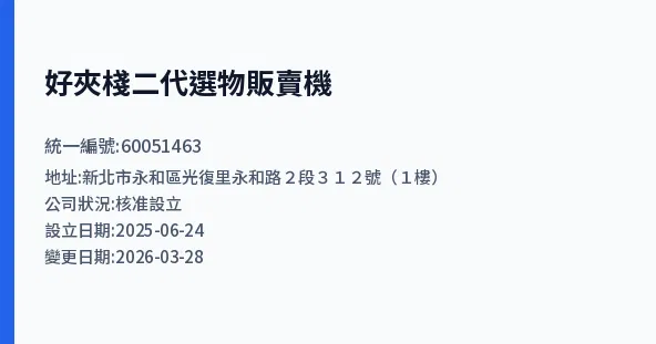 好夾棧二代選物販賣機的照片-統編 60051463(新北市) 公司登記資料與營業項目詳細圖表