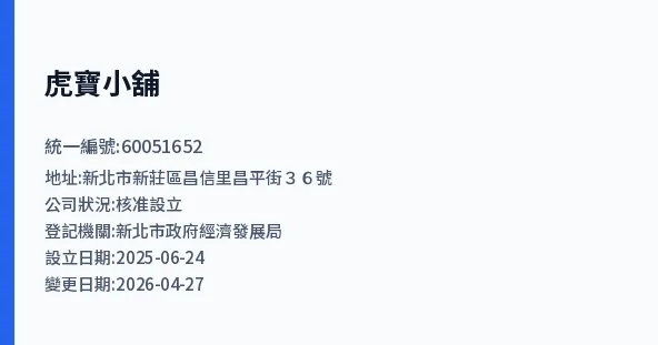 虎寶小舖的照片-統編 60051652(新北市) 公司登記資料與營業項目詳細圖表
