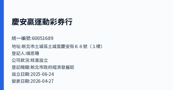 慶安贏運動彩券行的照片-統編 60051689(新北市) 公司登記資料與營業項目詳細圖表