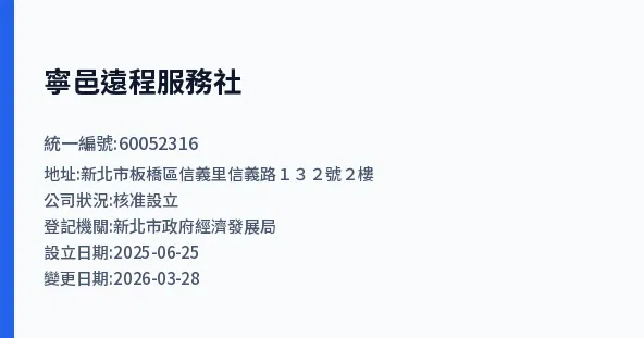 寧邑遠程服務社的照片-統編 60052316(新北市) 公司登記資料與營業項目詳細圖表