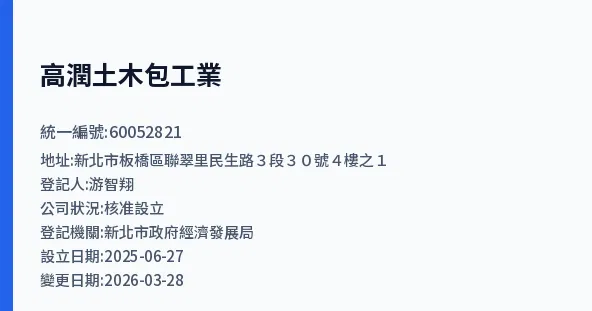 高潤土木包工業的照片-統編 60052821(新北市) 公司登記資料與營業項目詳細圖表