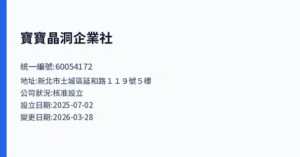 寶寶晶洞企業社的照片-統編 60054172(新北市) 公司登記資料與營業項目詳細圖表