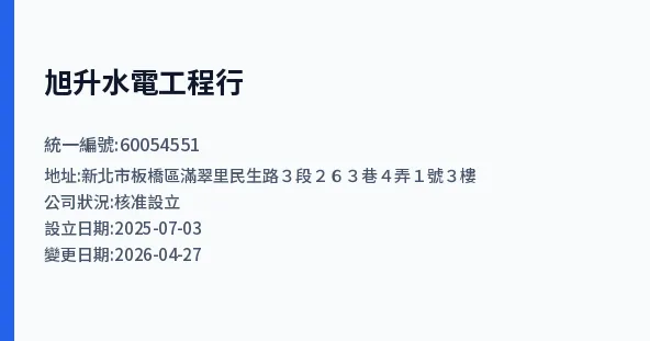 旭升水電工程行的照片-統編 60054551(新北市) 公司登記資料與營業項目詳細圖表