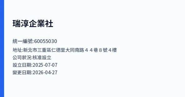瑞淳企業社的照片-統編 60055030(新北市) 公司登記資料與營業項目詳細圖表