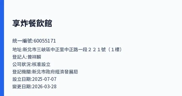 享炸餐飲館的照片-統編 60055171(新北市) 公司登記資料與營業項目詳細圖表