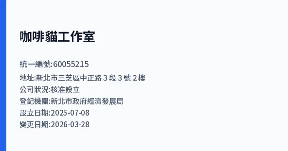 咖啡貓工作室的照片-統編 60055215(新北市) 公司登記資料與營業項目詳細圖表