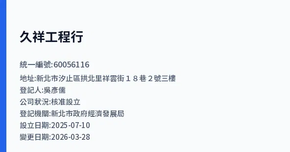 久祥工程行的照片-統編 60056116(新北市) 公司登記資料與營業項目詳細圖表