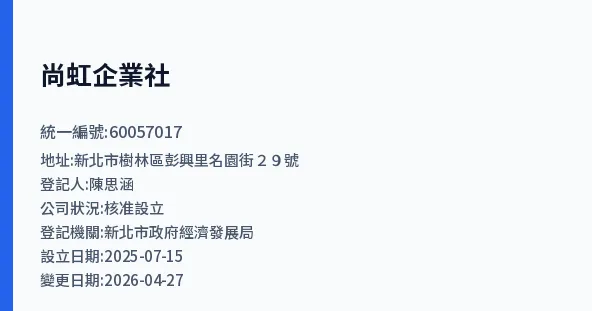 尚虹企業社的照片-統編 60057017(新北市) 公司登記資料與營業項目詳細圖表