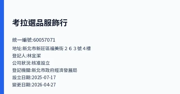 考拉選品服飾行的照片-統編 60057071(新北市) 公司登記資料與營業項目詳細圖表