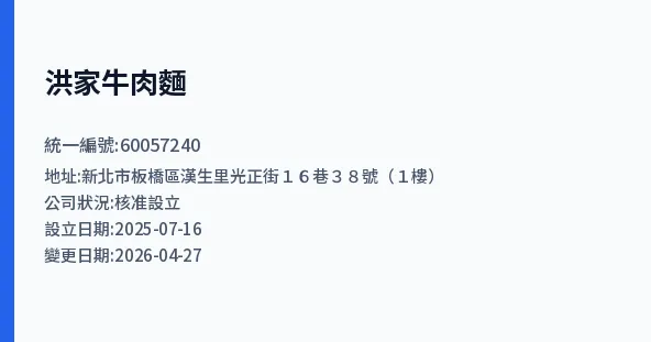 洪家牛肉麵的照片-統編 60057240(新北市) 公司登記資料與營業項目詳細圖表