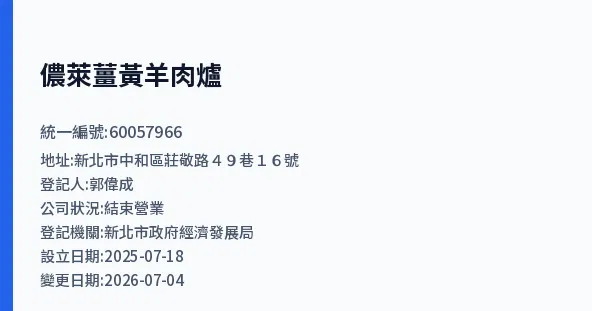儂萊薑黃羊肉爐的照片-統編 60057966(新北市) 公司登記資料與營業項目詳細圖表