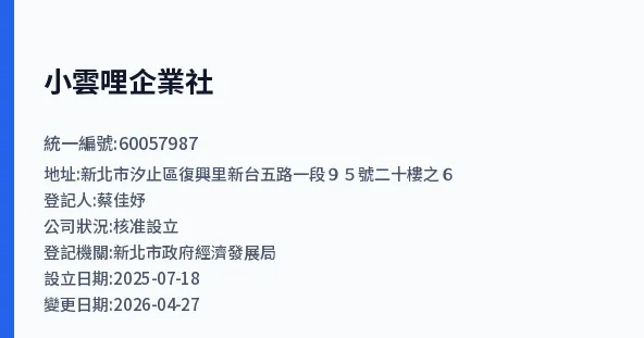 小雲哩企業社的照片-統編 60057987(新北市) 公司登記資料與營業項目詳細圖表