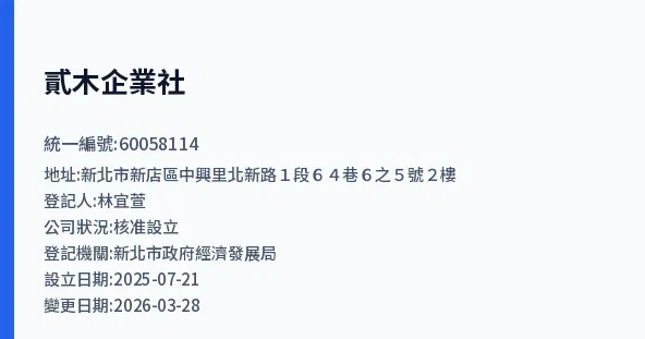貳木企業社的照片-統編 60058114(新北市) 公司登記資料與營業項目詳細圖表