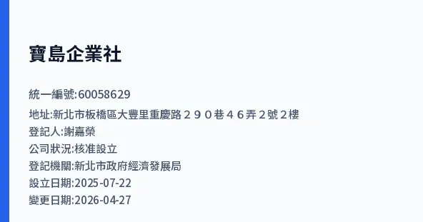 寶島企業社的照片-統編 60058629(新北市) 公司登記資料與營業項目詳細圖表