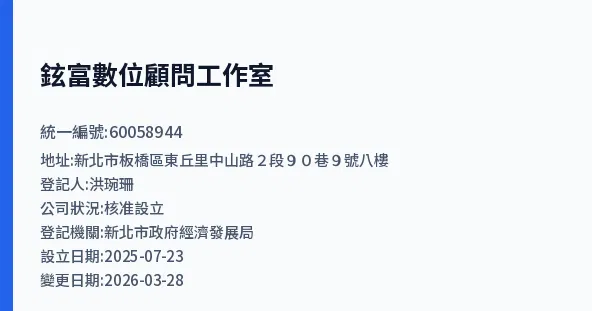 鉉富數位顧問工作室的照片-統編 60058944(新北市) 公司登記資料與營業項目詳細圖表