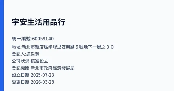 宇安生活用品行的照片-統編 60059140(新北市) 公司登記資料與營業項目詳細圖表