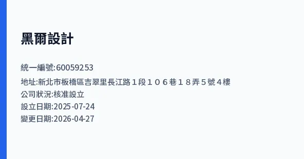黑爾設計的照片-統編 60059253(新北市) 公司登記資料與營業項目詳細圖表