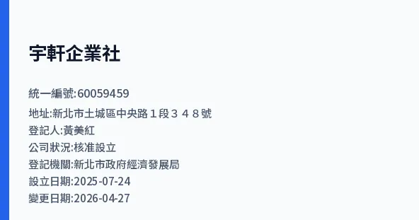 宇軒企業社的照片-統編 60059459(新北市) 公司登記資料與營業項目詳細圖表