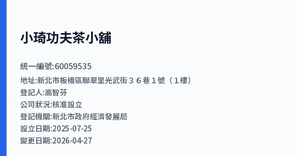 小琦功夫茶小舖的照片-統編 60059535(新北市) 公司登記資料與營業項目詳細圖表