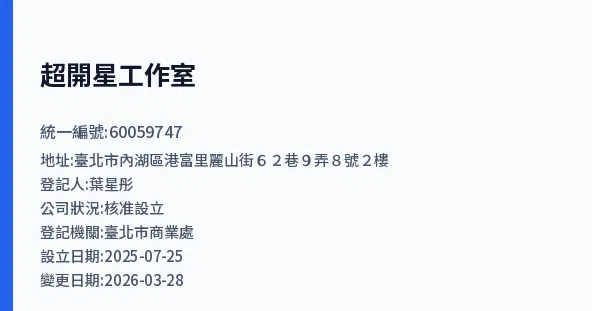 超開星工作室的照片-統編 60059747(臺北市) 公司登記資料與營業項目詳細圖表