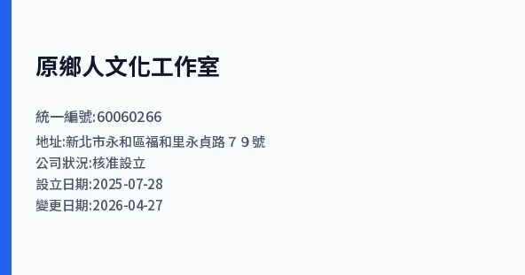 原鄉人文化工作室的照片-統編 60060266(新北市) 公司登記資料與營業項目詳細圖表