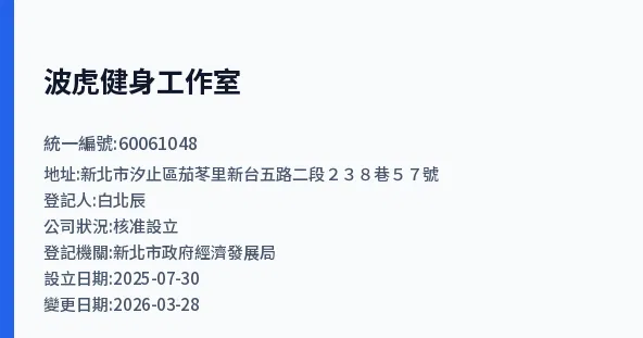波虎健身工作室的照片-統編 60061048(新北市) 公司登記資料與營業項目詳細圖表
