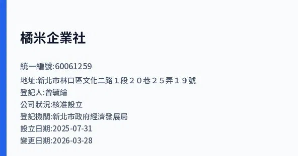 橘米企業社的照片-統編 60061259(新北市) 公司登記資料與營業項目詳細圖表