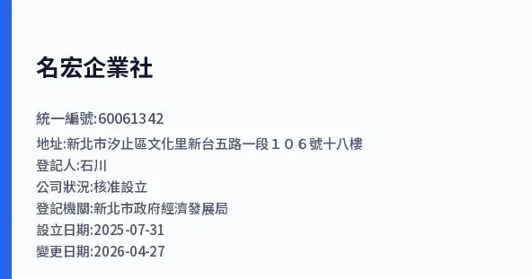名宏企業社的照片-統編 60061342(新北市) 公司登記資料與營業項目詳細圖表