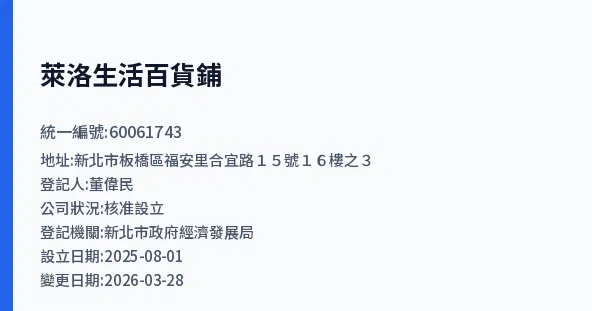 萊洛生活百貨鋪的照片-統編 60061743(新北市) 公司登記資料與營業項目詳細圖表
