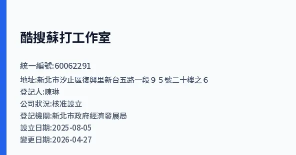 酷搜蘇打工作室的照片-統編 60062291(新北市) 公司登記資料與營業項目詳細圖表